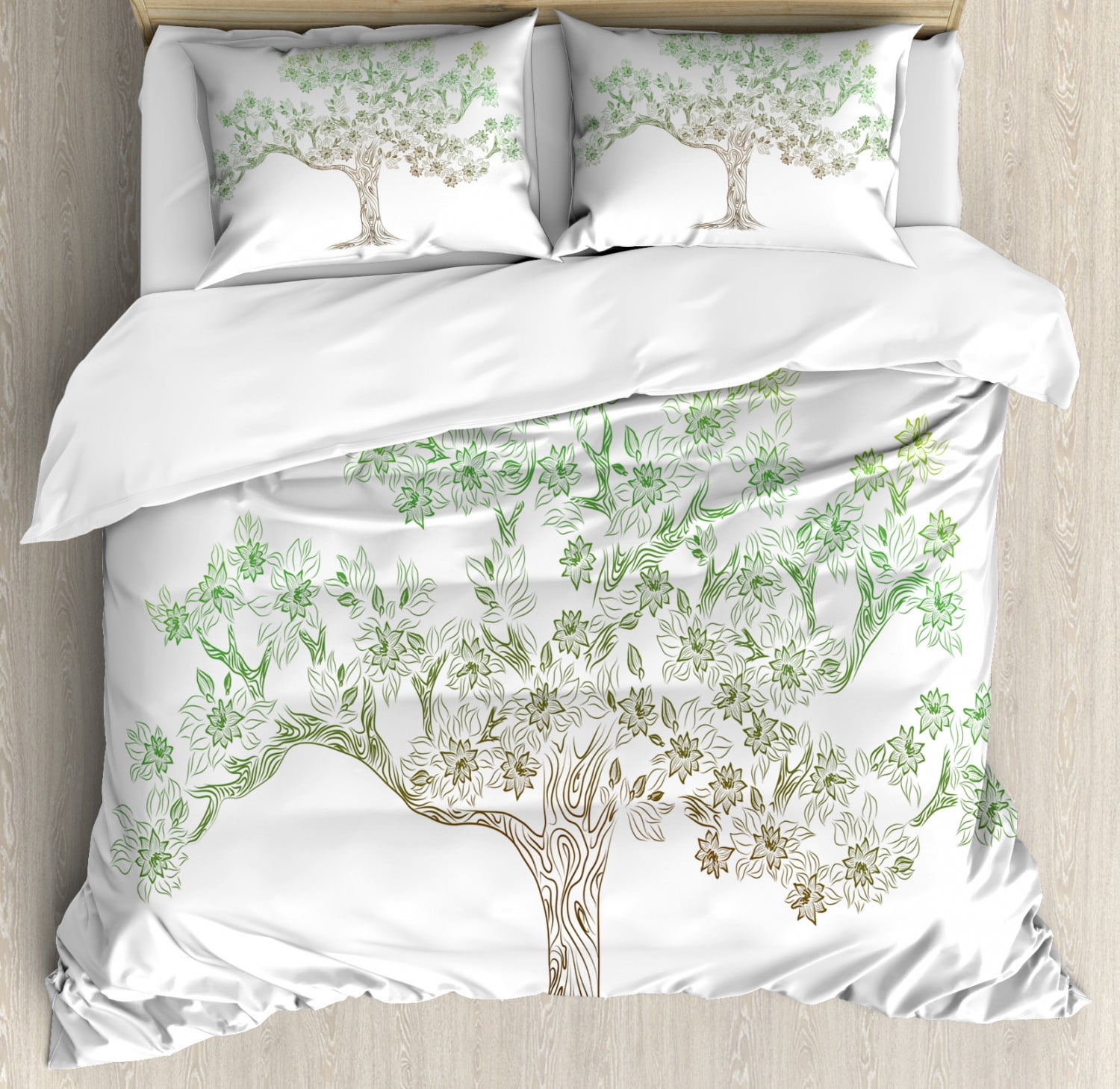 Tree Queen Size Duvet Cover Set, Doodle Oak with Fresh Green Toned ...
