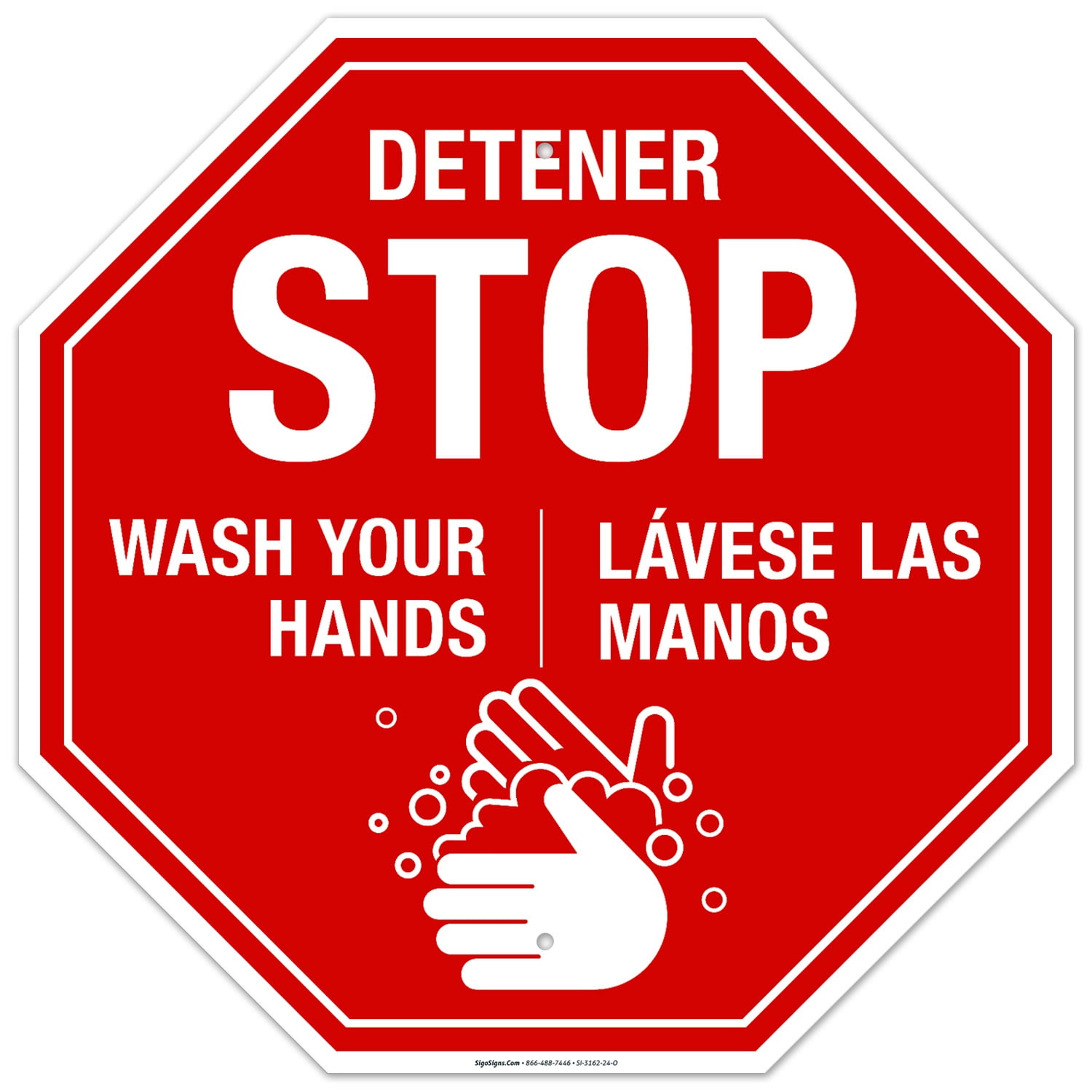 Stop Wash Your Hands Sign, Bilingual Hand Washing Sign, 24x24 Aluminum ...