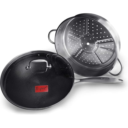 Woks-3 PC Honeycomb Non-Stick Stainless Steel Wok with Steamer and ...