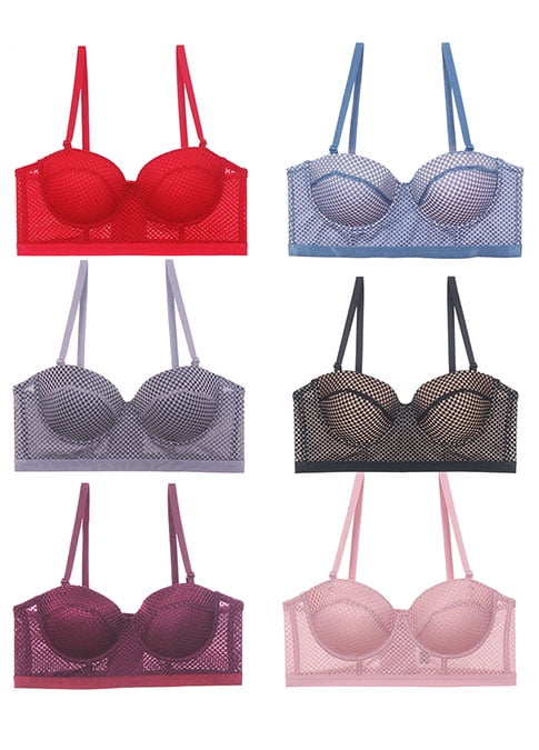 Two Tone Demi Cup Bra With Geometric Mesh Overlay 6 Pieces Pack ...