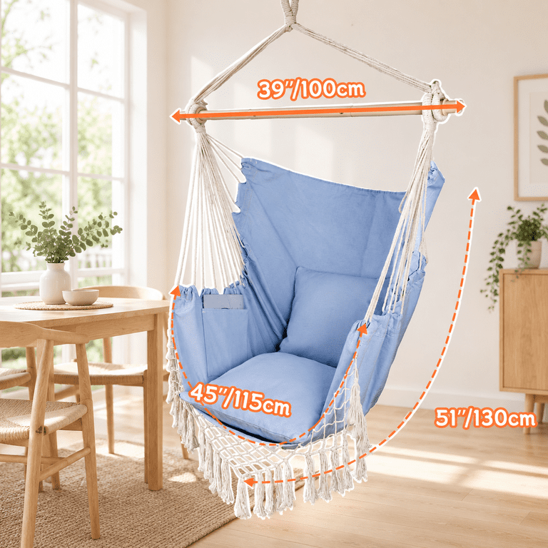 Blue/White XX-Large Hanging Hammock Chair Swing with Cushions and ...