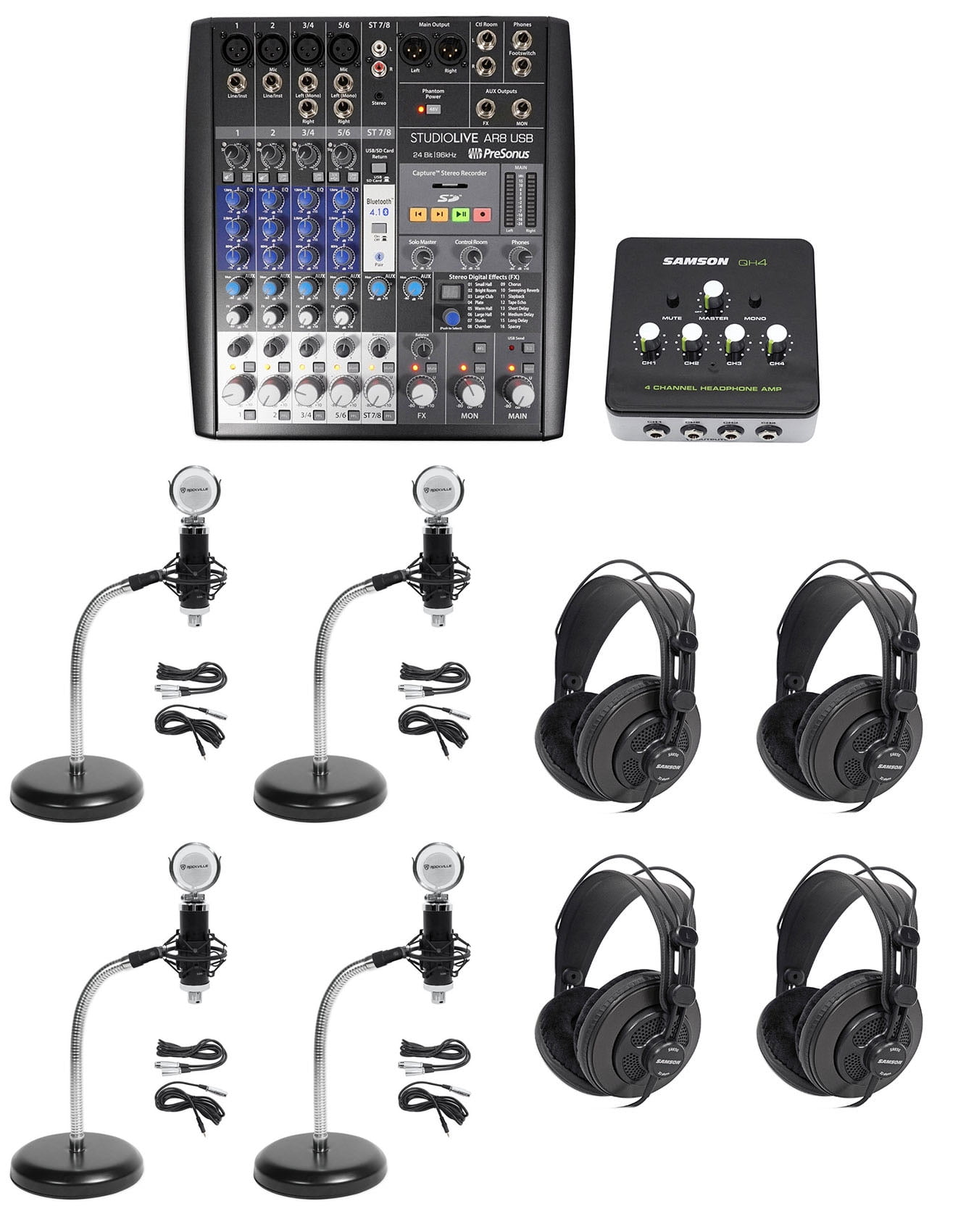 Presonus AR8 Podcast Studio Bundle w/Mics+Samson Headphones+Gooseneck ...