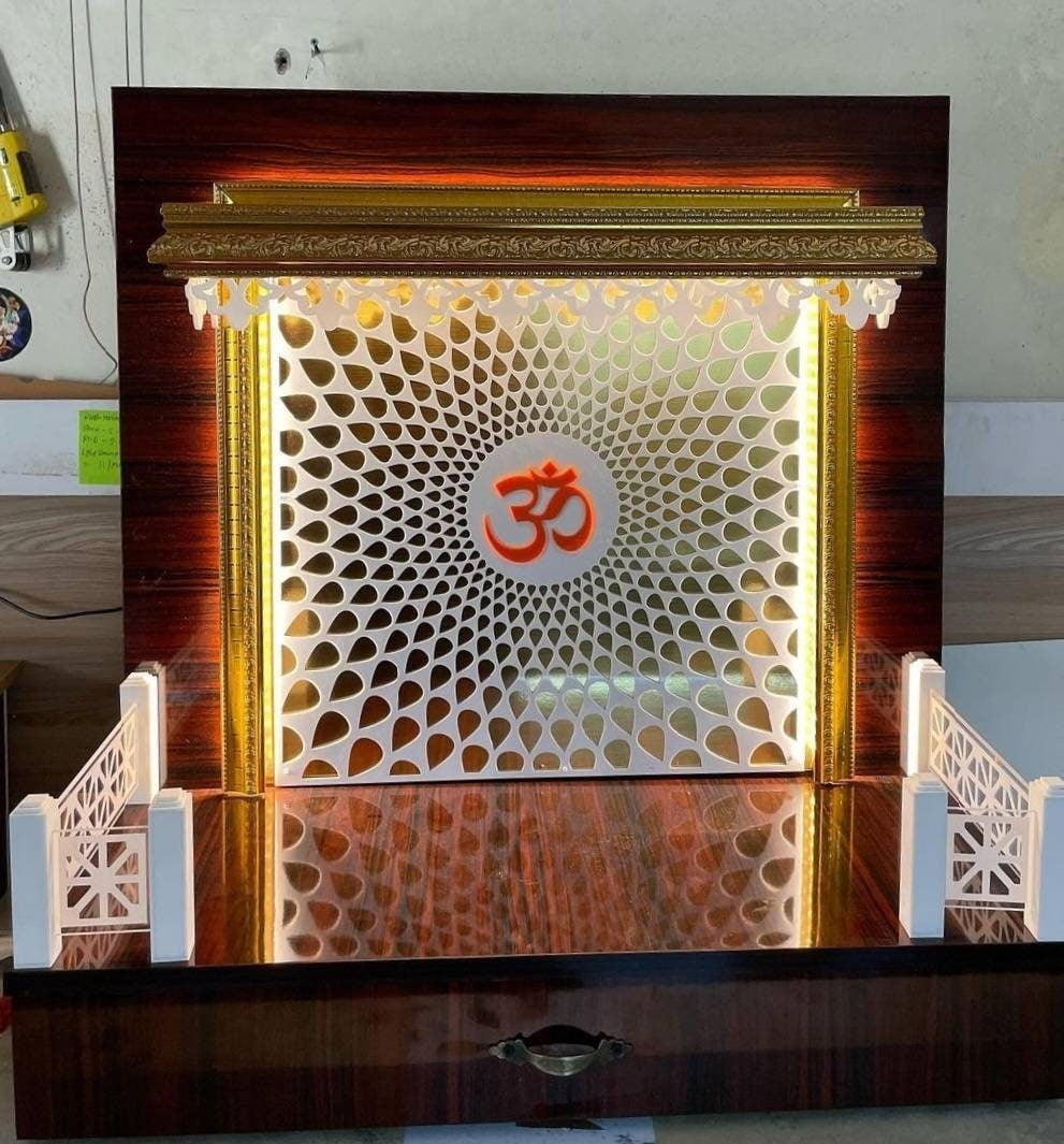 Wooden Brown Designer Puja Mandir Temple with LED Lights for Home and ...