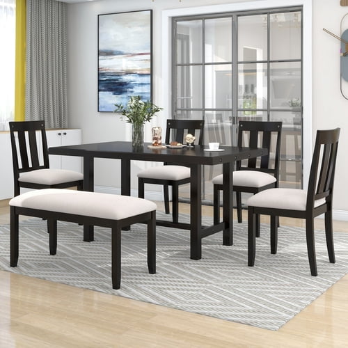 6-Piece Retro Style Dining Table Set, 60" Wood Rectangular Table and 4 ...