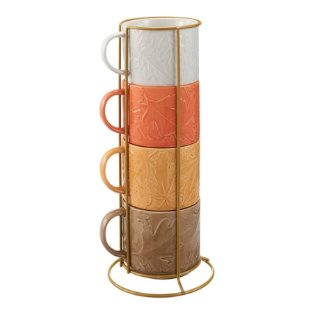 Way to Celebrate Embossed Autumn Leaves Stacking Stoneware Mug Set, 12 ...