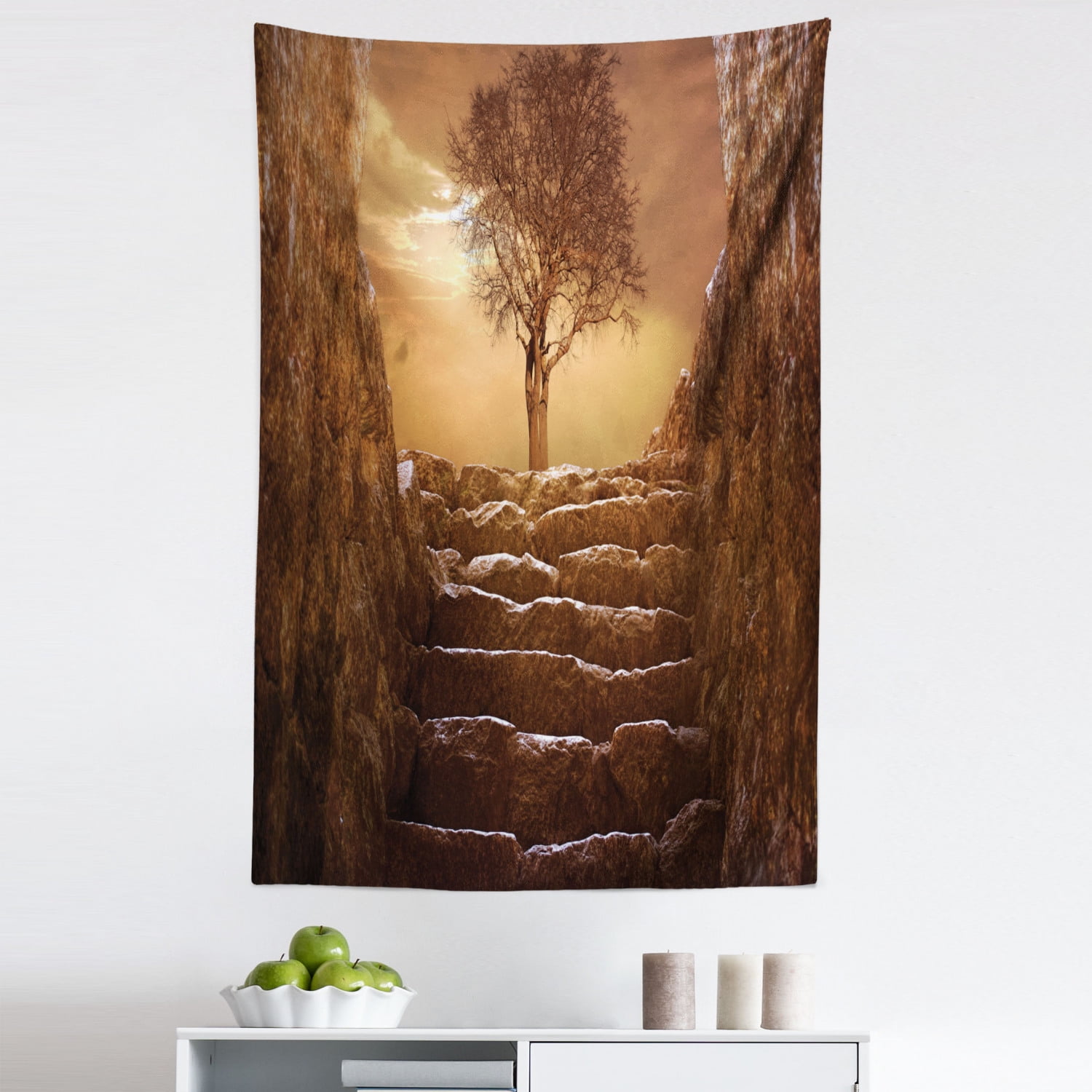 Tree Tapestry, Treet Entrance with Stone Stairs Sun Rays Cloudy Sky ...