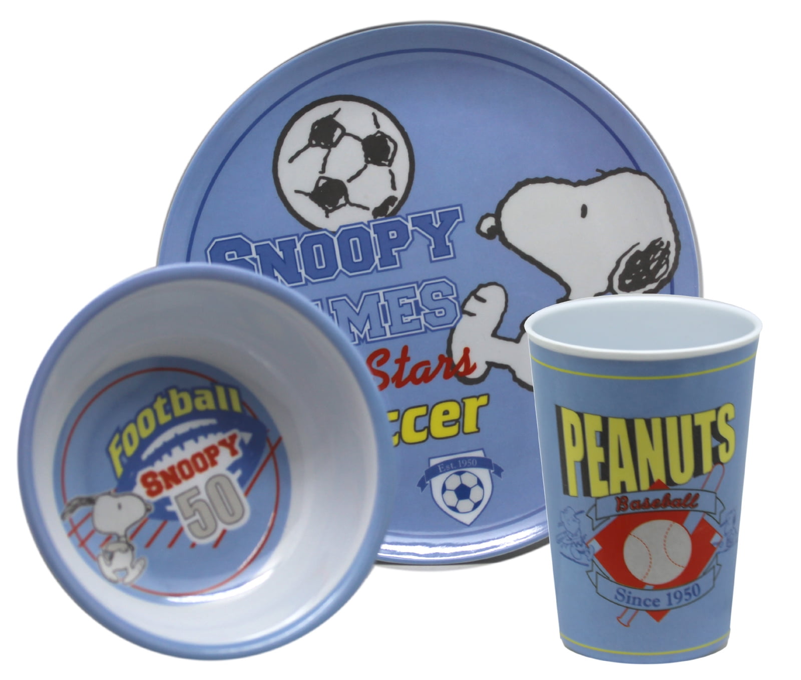 Snoopy Dinnerware Set - Peanuts Sports Theme Plate Bowl And Cup Set ...