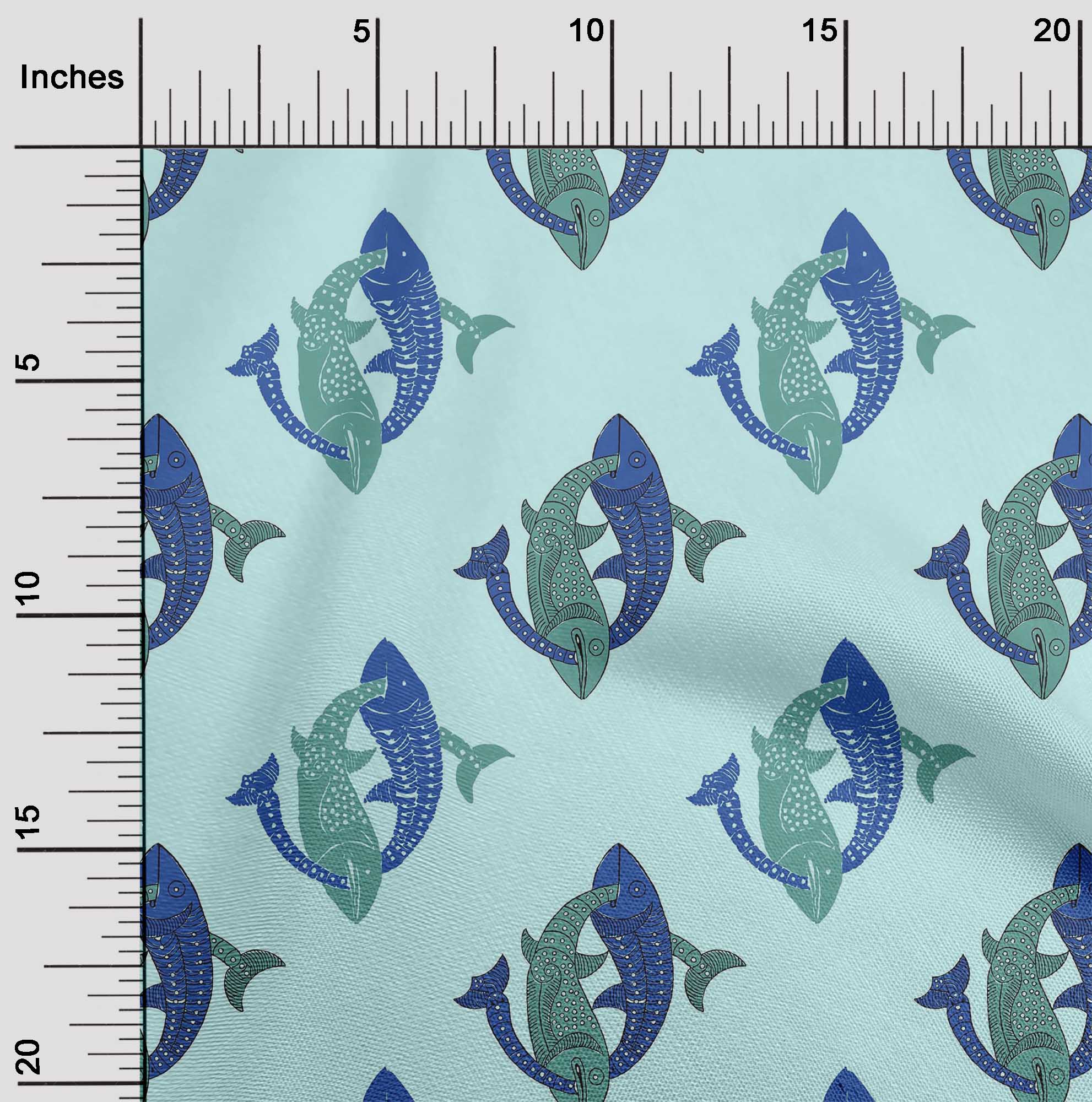 oneOone Silk Tabby Fabric Fish Block Print Fabric BTY 42 Inch Wide ...