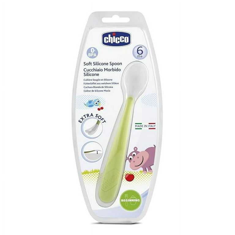 Chicco Baby Self Feeding Spoon with Soft Tip Suitable For Training Toddlers Soft Flexible Silicone Green 6m Pack of 1