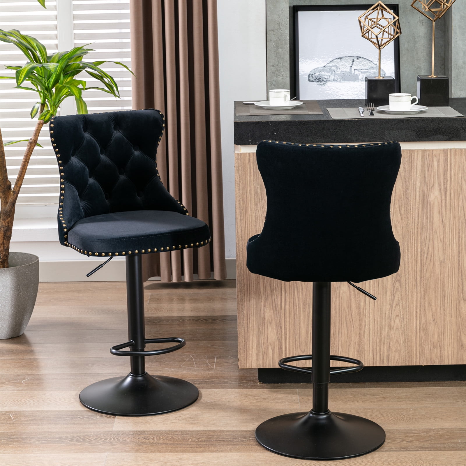 Set of 2 Swivel Bar Stools Chairs Modern Velvet Upholstered Barstools ...