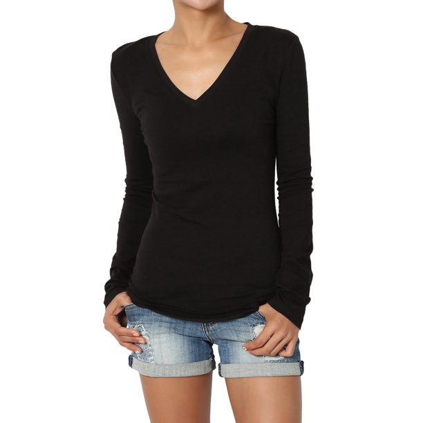 Themogan Womens Basic Plain Solid V Neck Long Sleeve Tee Cotton Fitted