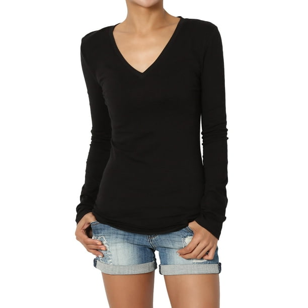 Themogan Womens Basic Plain Solid V Neck Long Sleeve Tee Cotton Fitted