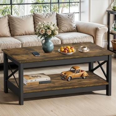 Dextrus Rustic Farmhouse Coffee Table, 2-Tier Open Storage, Thicken ...