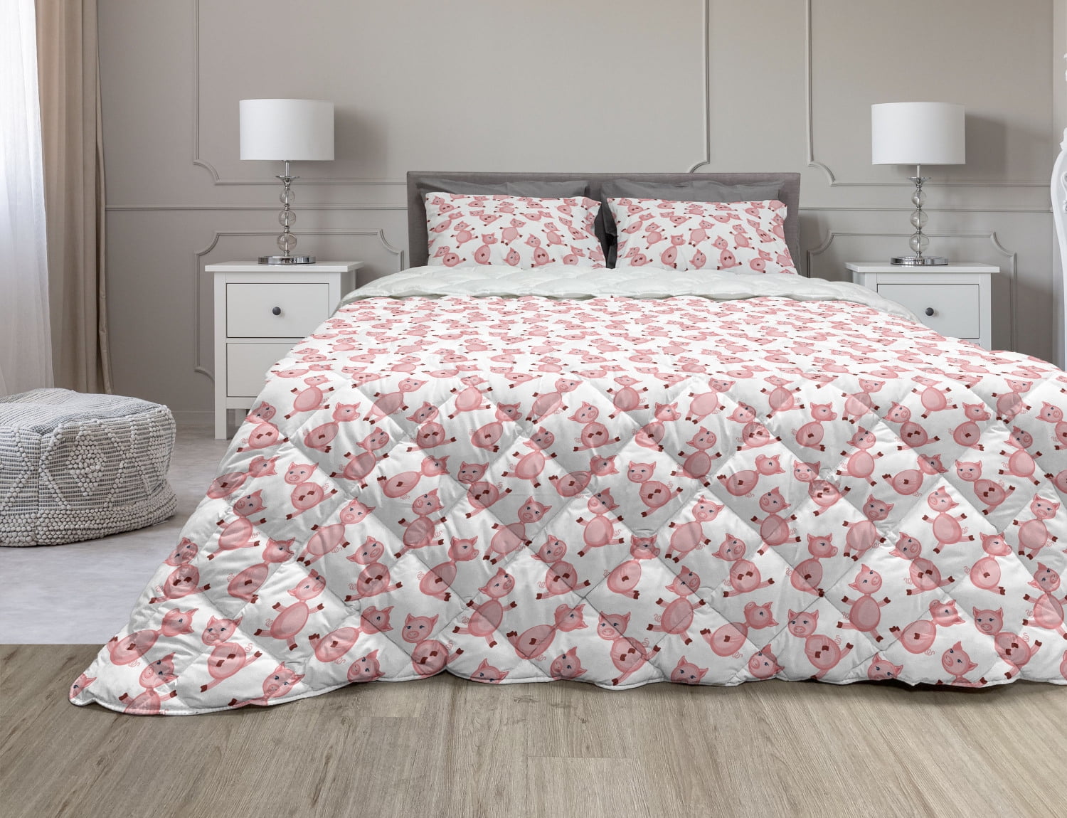 Pig Comforter & Sham Bedding Set, Cartoon Sitting and Smiling Pigs ...