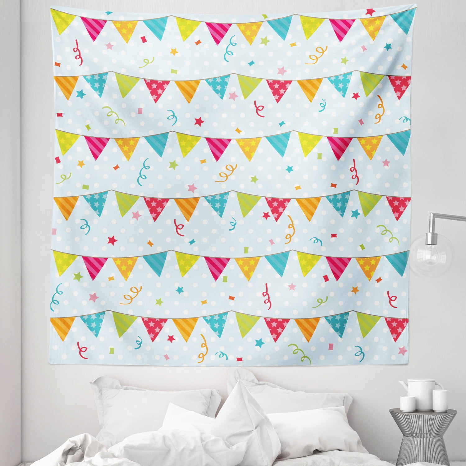 Cartoon Tapestry, Colorful Triangular Party Flags on the Swirls and ...