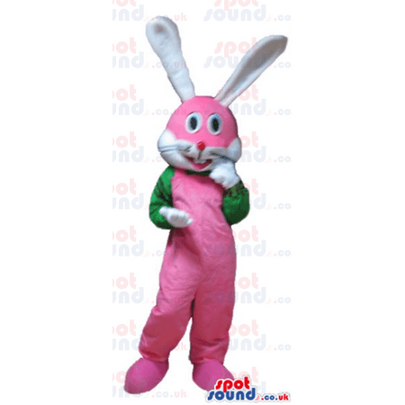 Pink rabbit with long white ears wearing a green jacket - Mascots ...