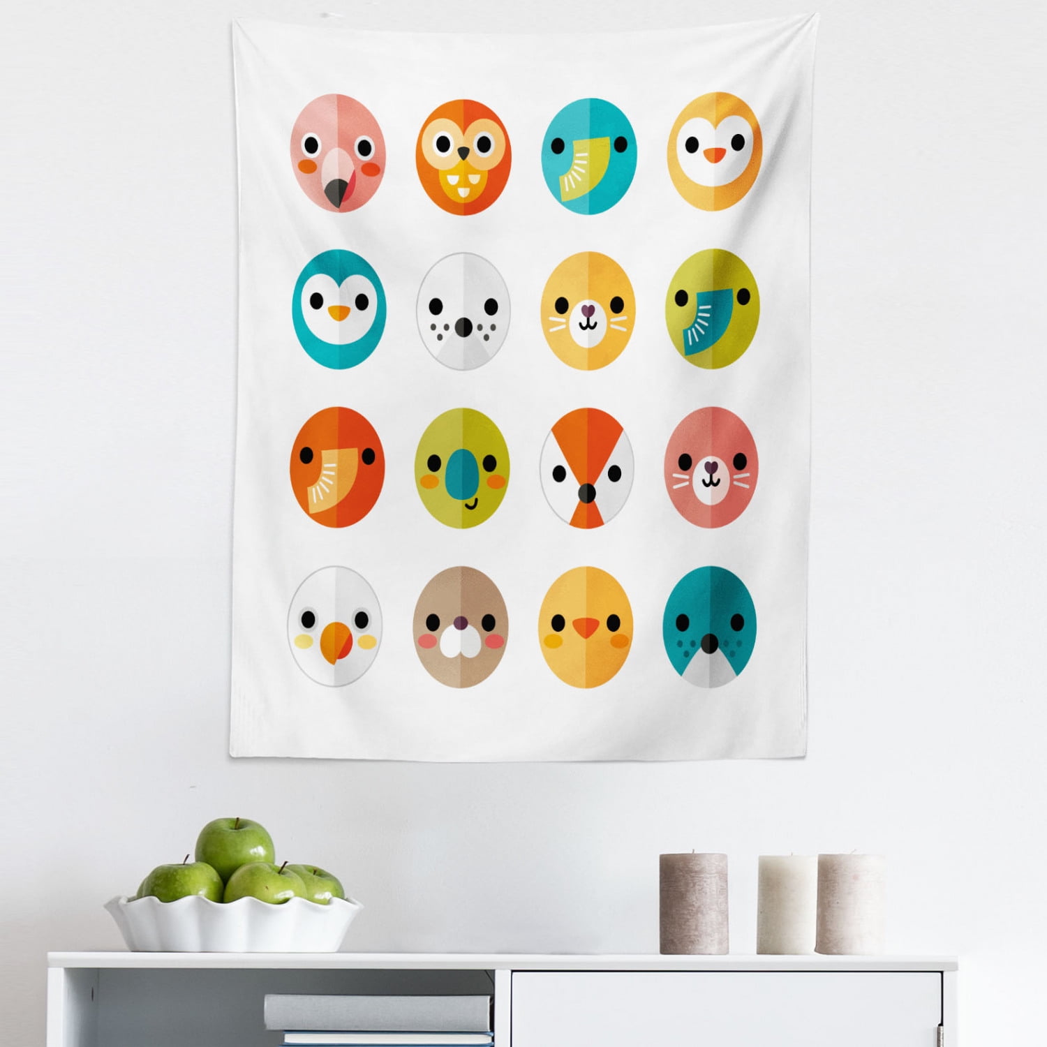 Cartoon Tapestry, Various Animals in Logo Style Minimalist Art Design ...