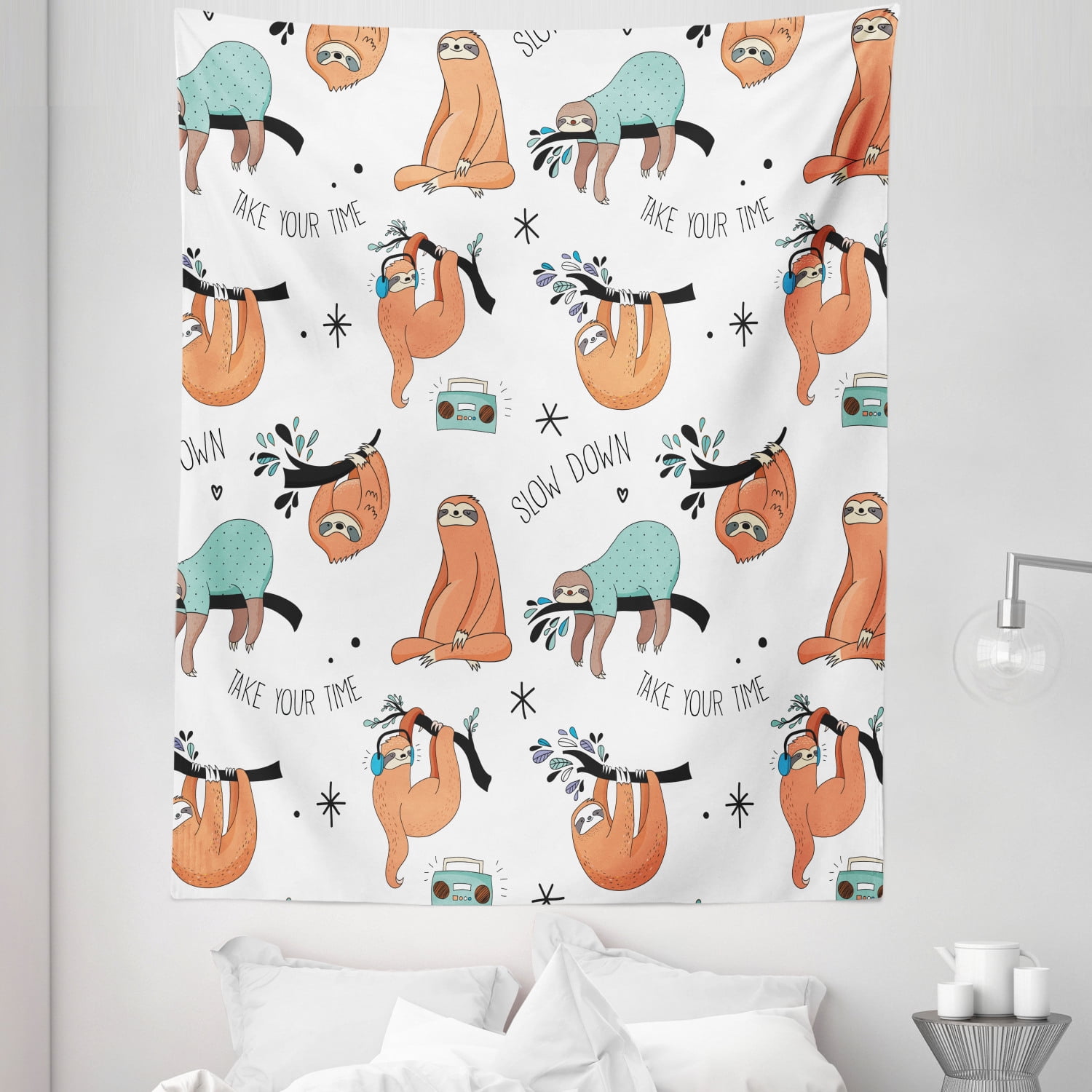 Sloth Tapestry, Pattern Hand Drawn Sloths on Branches Laziness Mood ...