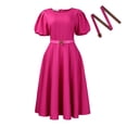 Aeguzox summer Dresses for Women Round Neck Puff Sleeve Belted Flared ...