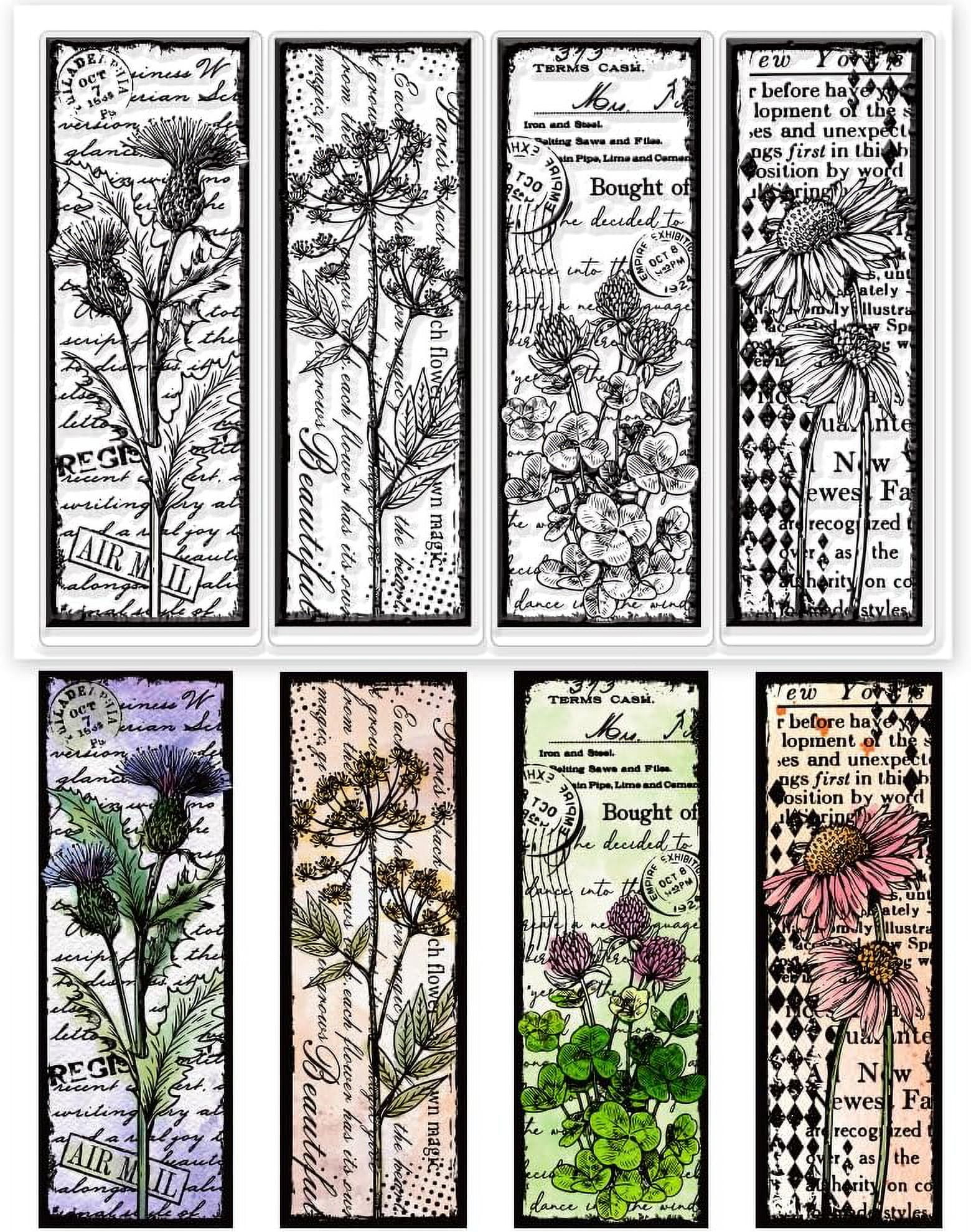 Sellos transparentes con fondo de flores y texto vintage, sello de ...