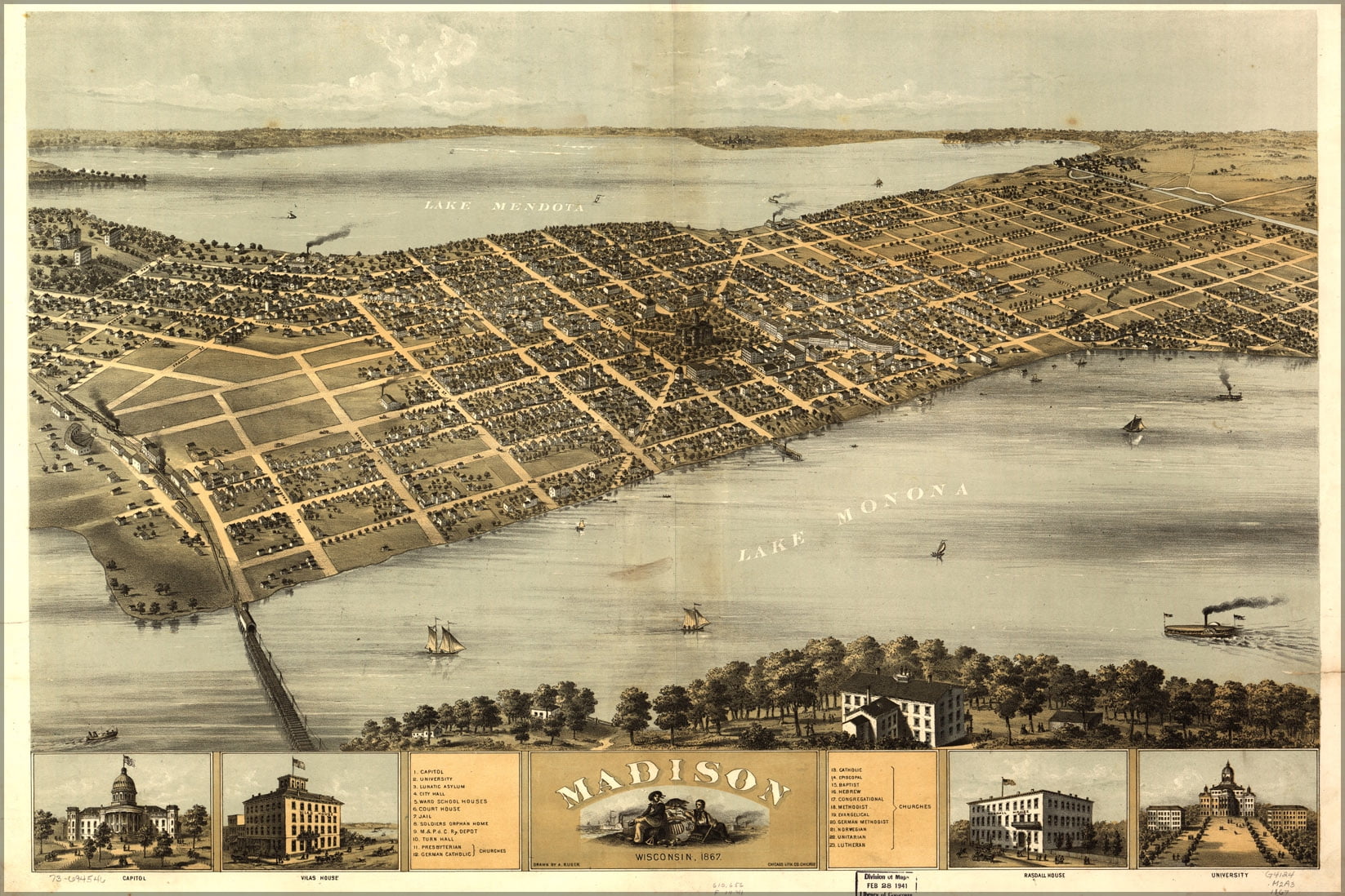 24"x36" Gallery Poster, map of Madison, Wisconsin 1867 - Walmart.com