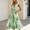 Ahabrexf Sundress Sleeveless V-Neck Belted Pleated Printed Elegant ...