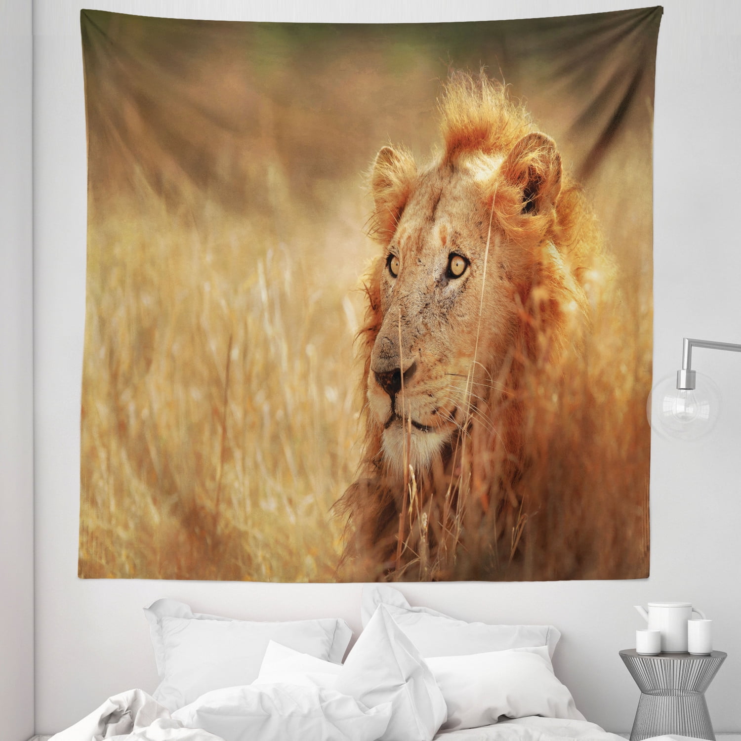 Wildlife Tapestry, Big Male Lion Leo Laying Resting in Dense Grass ...