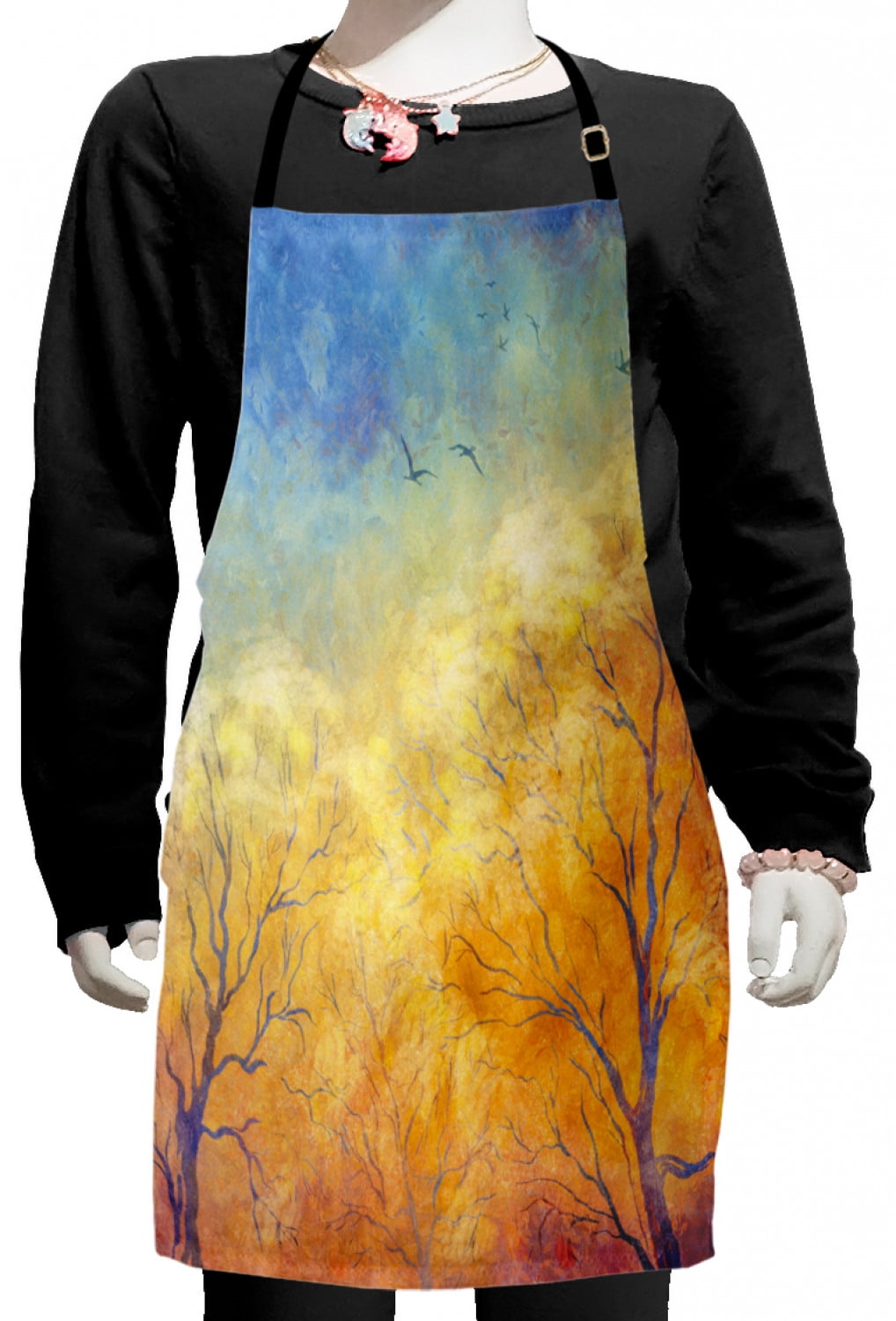 Nature Kids Apron, Autumn Trees Gulls Skying in Hazy Sky Watercolor ...