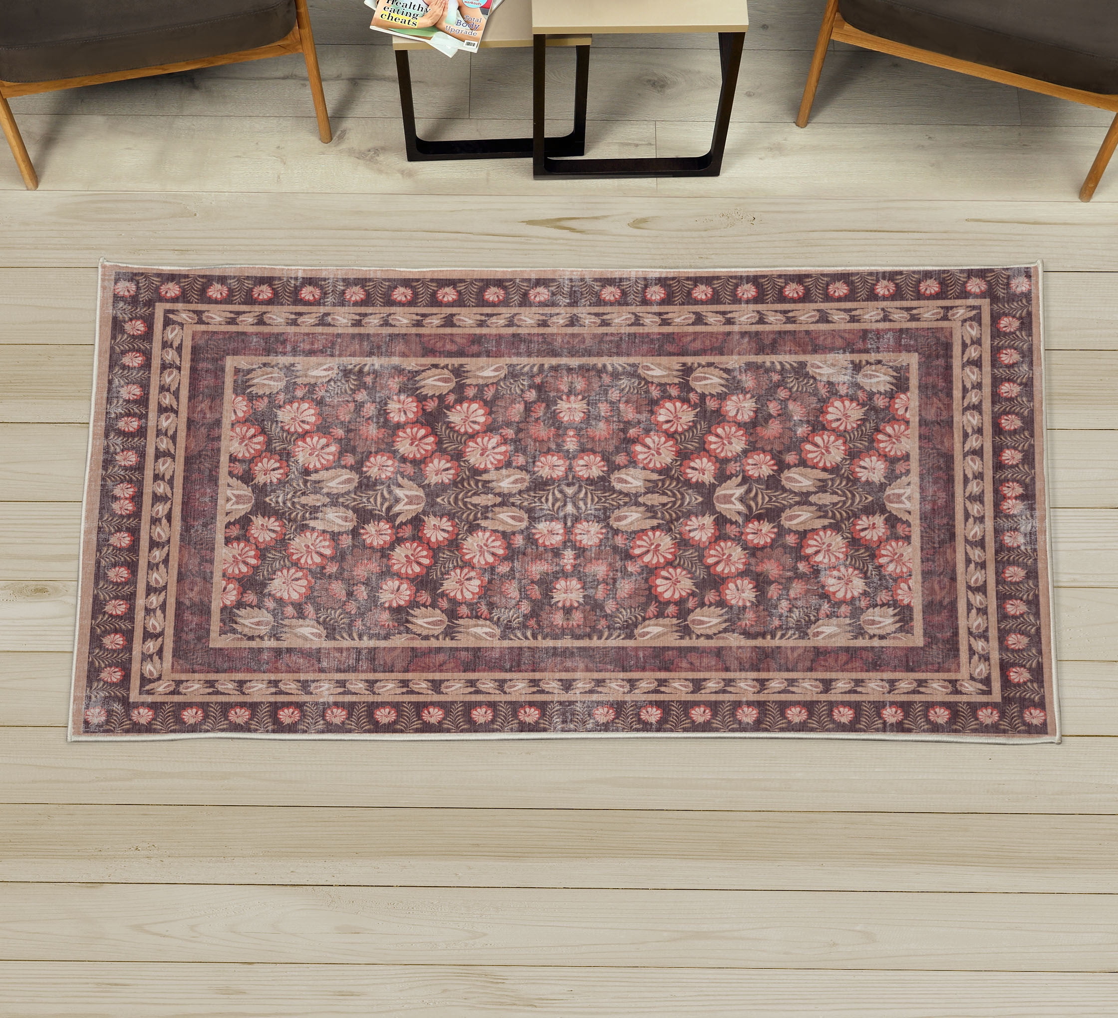 Folk Art Decorative Rug, Bohemian Themed Peachy Ethnic Flowers and ...