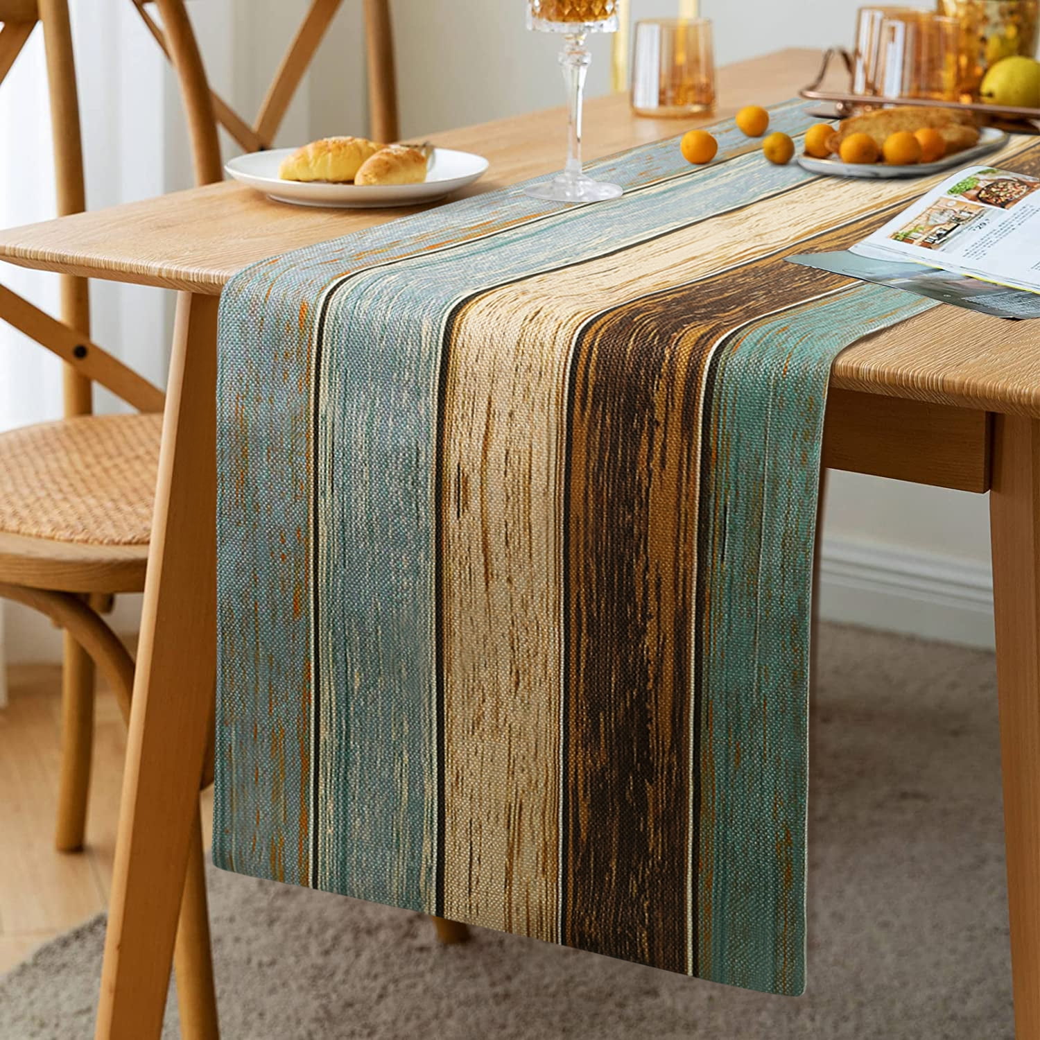 Cotton Linen Table Runner Dresser Scarves Retro Rustic Barn Wood Teal ...