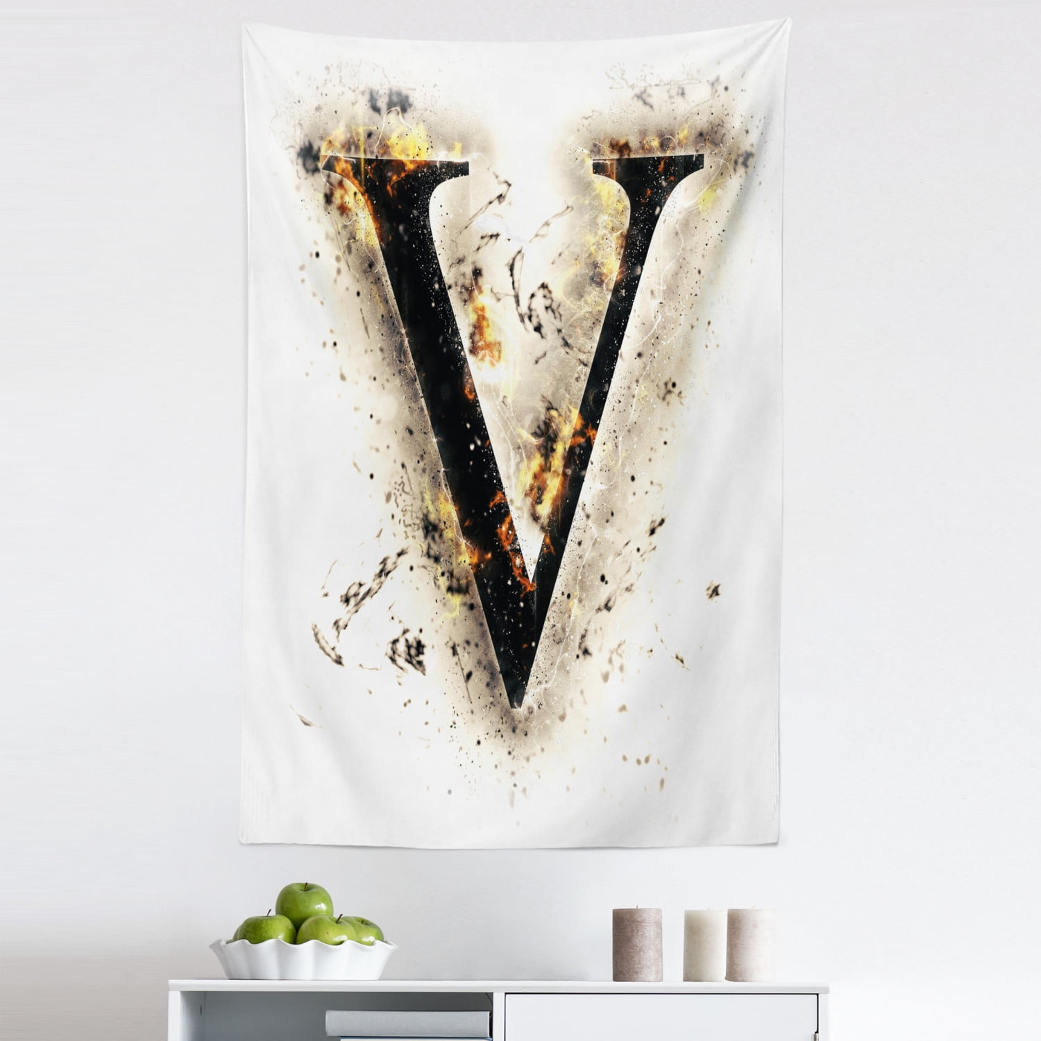 Letter V Tapestry, V Shape Burning Cool Letter Design Hot Alphabet ...