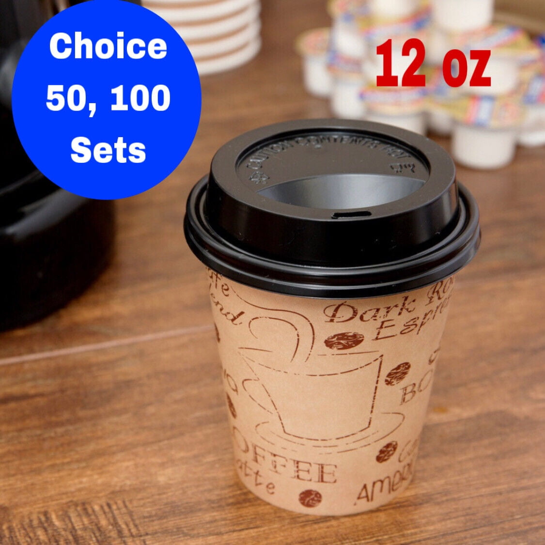 12 oz Disposable Paper Coffee Cafe Cups & Plastic Dome Lids with Hole ...