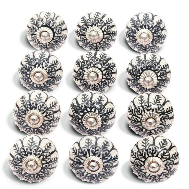 Luxe Designs | Set of 12 Decorative Black and White Floral Ceramic Knobs - Drawer Pulls for ...