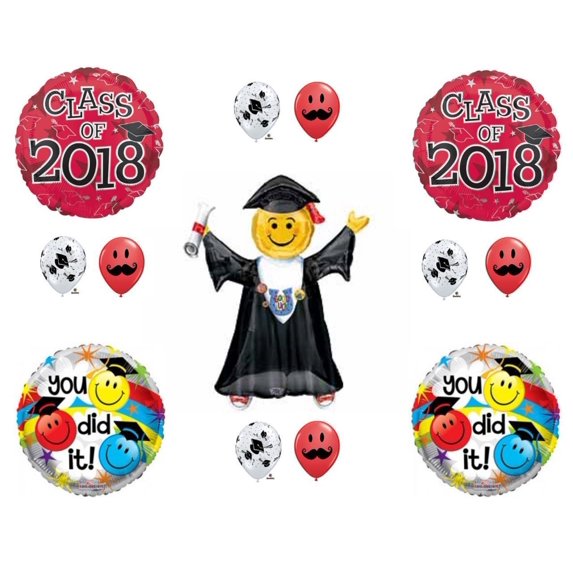 Jumping Smiley Face Grad CLASS OF 2018 RED Graduation Party Balloons ...