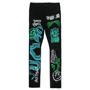 GFTD LA Los Angeles Men's Chrome Fur Skinny Fit Painted Fire Skull Distressed Jeans (36, Black ...
