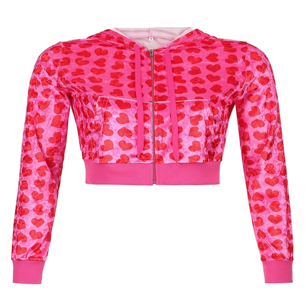 Click here for Generic Women Pink Heart Print Zip Up Y2k Velvet C... prices