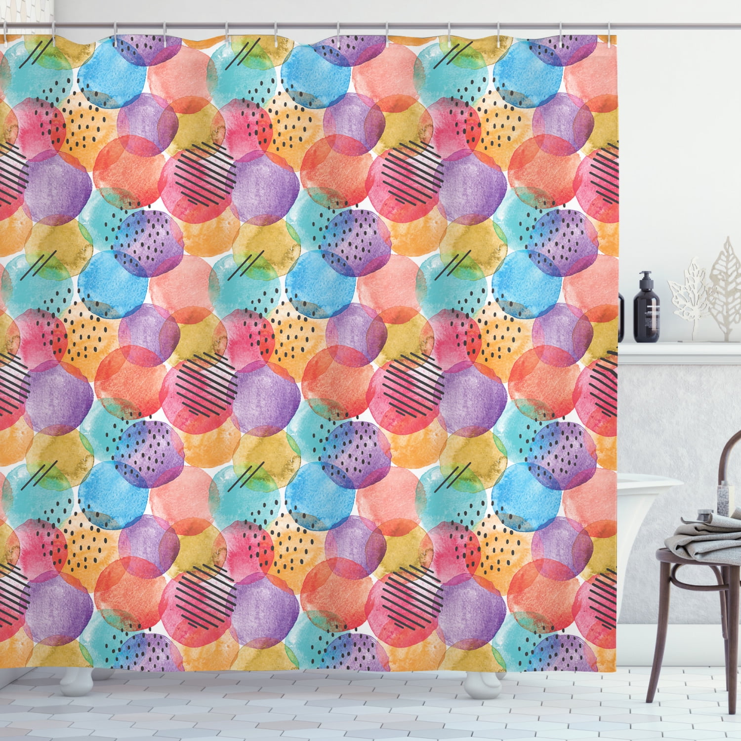 Colorful Shower Curtain, Watercolor Rainbow Colored Circles with Dots ...
