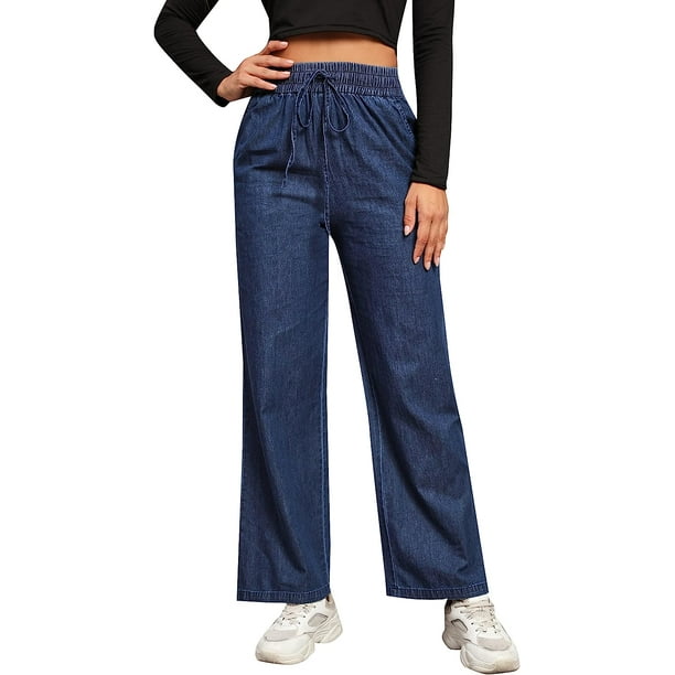 Women's Classic Denim Jeans Wide Leg Elastic High Waist Drawstring ...