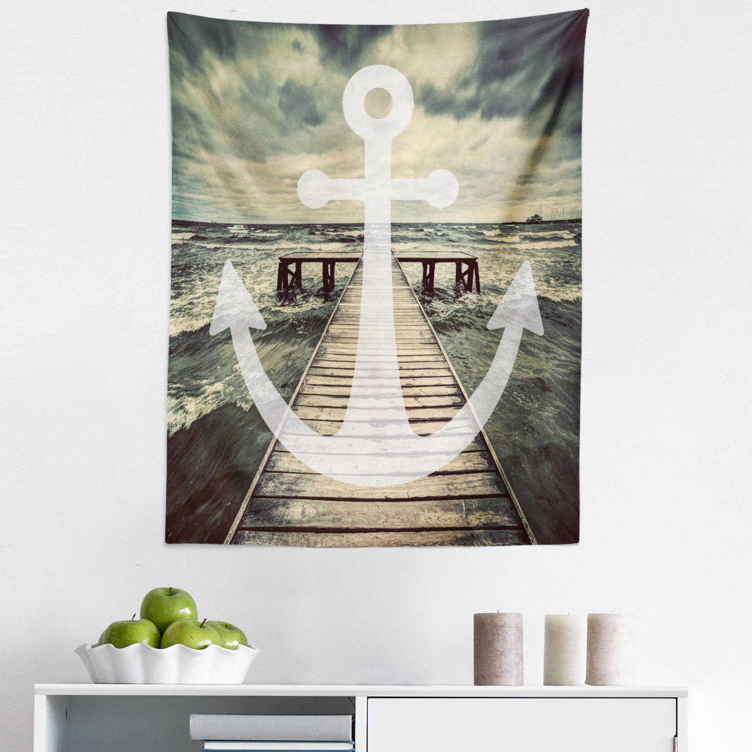Nautical Tapestry, Anchor Print in Ocean Waves with Long Wooden Pier ...