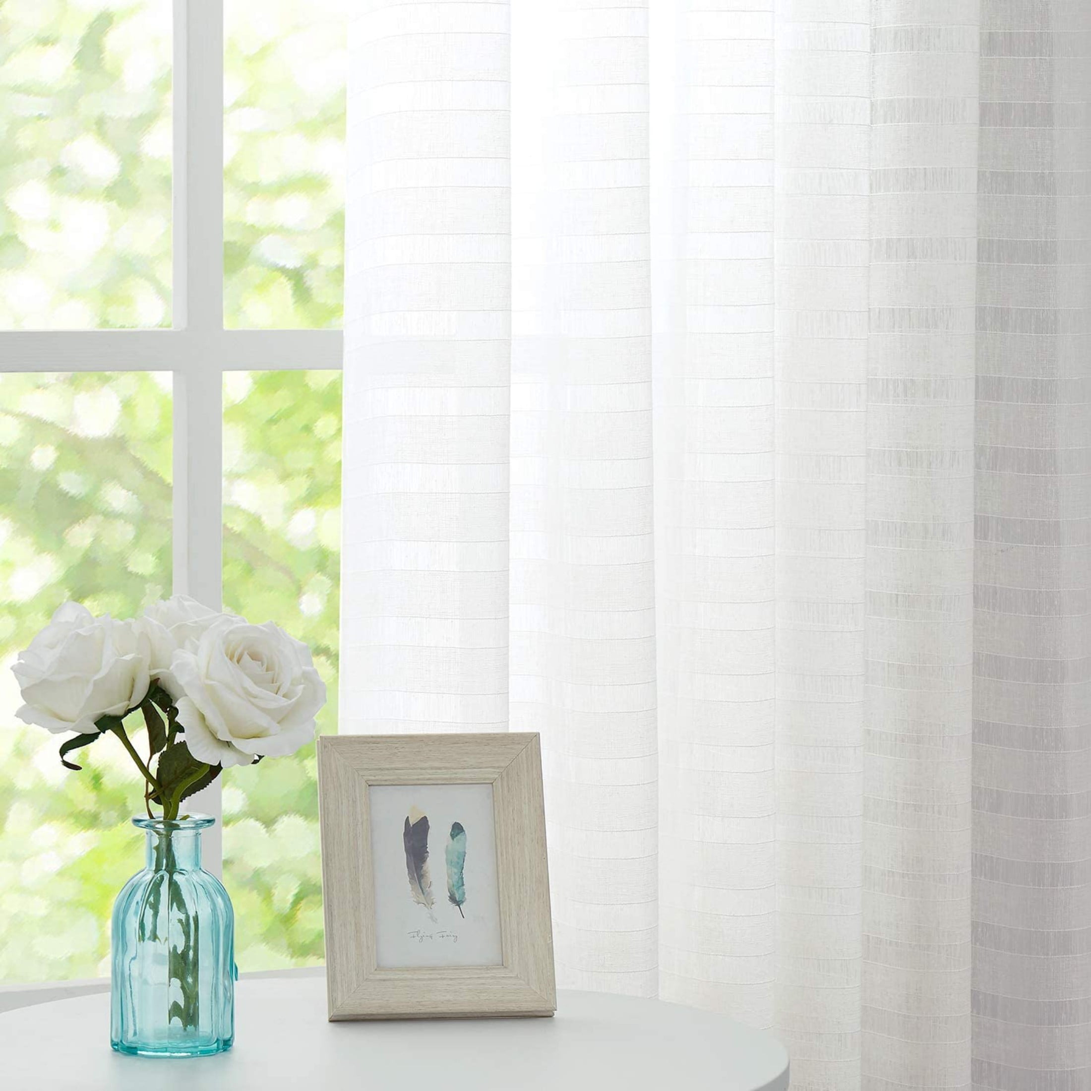 Junvictex off White Sheer Curtains Linen Horizontal Stripe Filtering ...