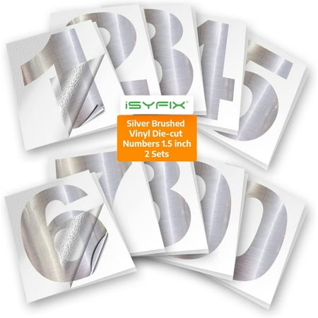 Silver Brushed Vinyl Numbers Stickers - 1.5 Inch Self Adhesive - 2 Sets ...