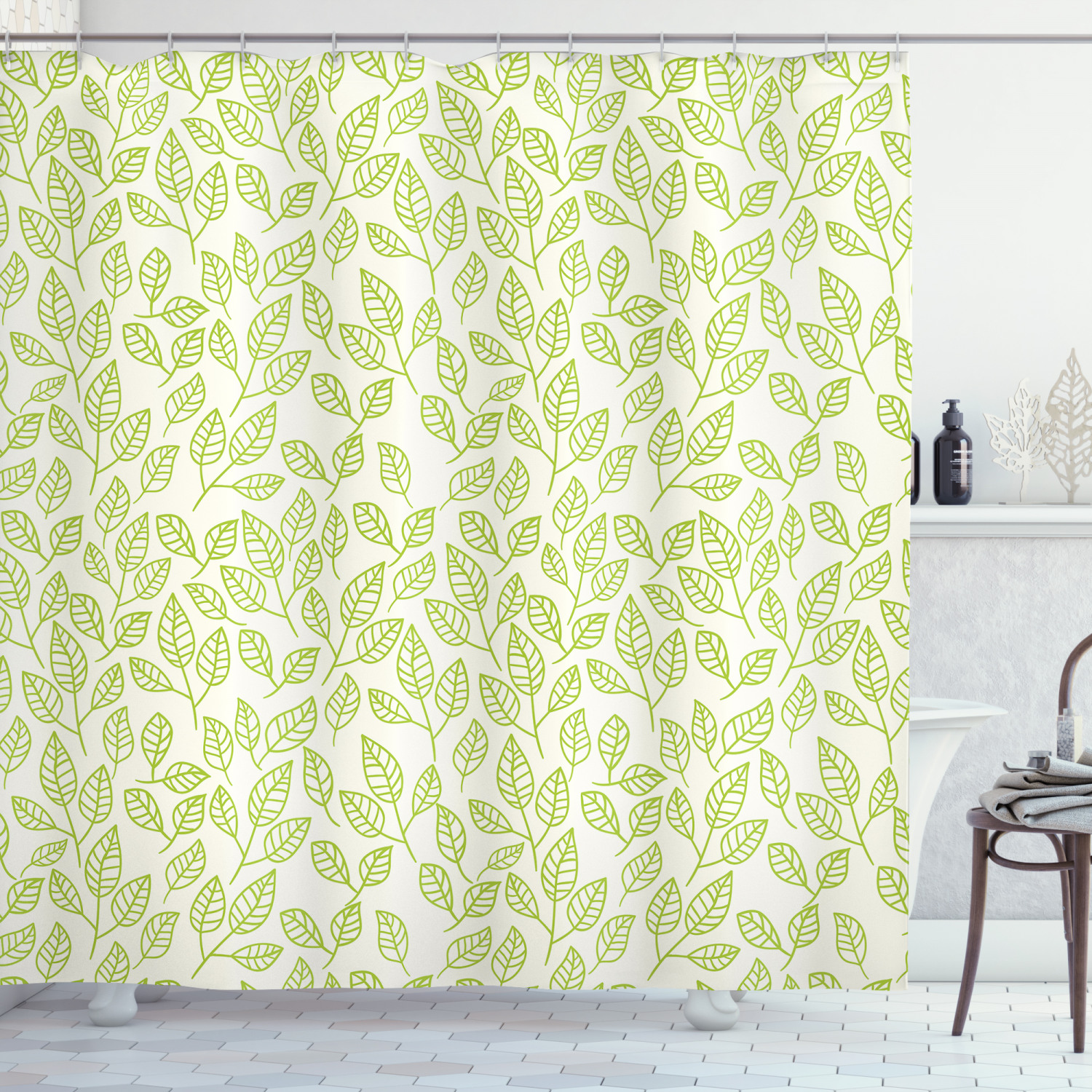 Leaves Decor Shower Curtain Set, Watercolor Green Tea Leaves And ...