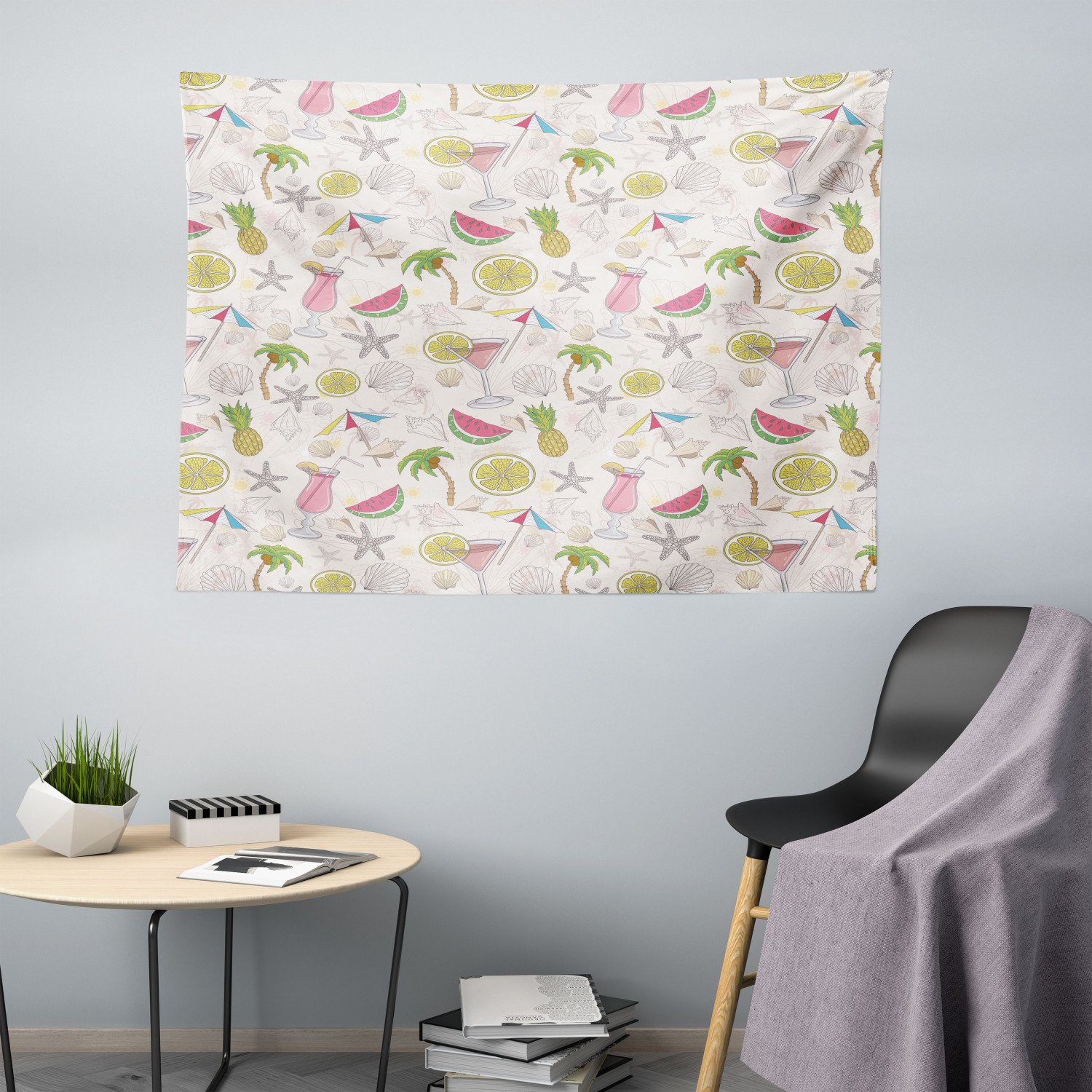 Summer Tapestry, Pastel Colorful Themed Pattern with Watermelon Palm ...