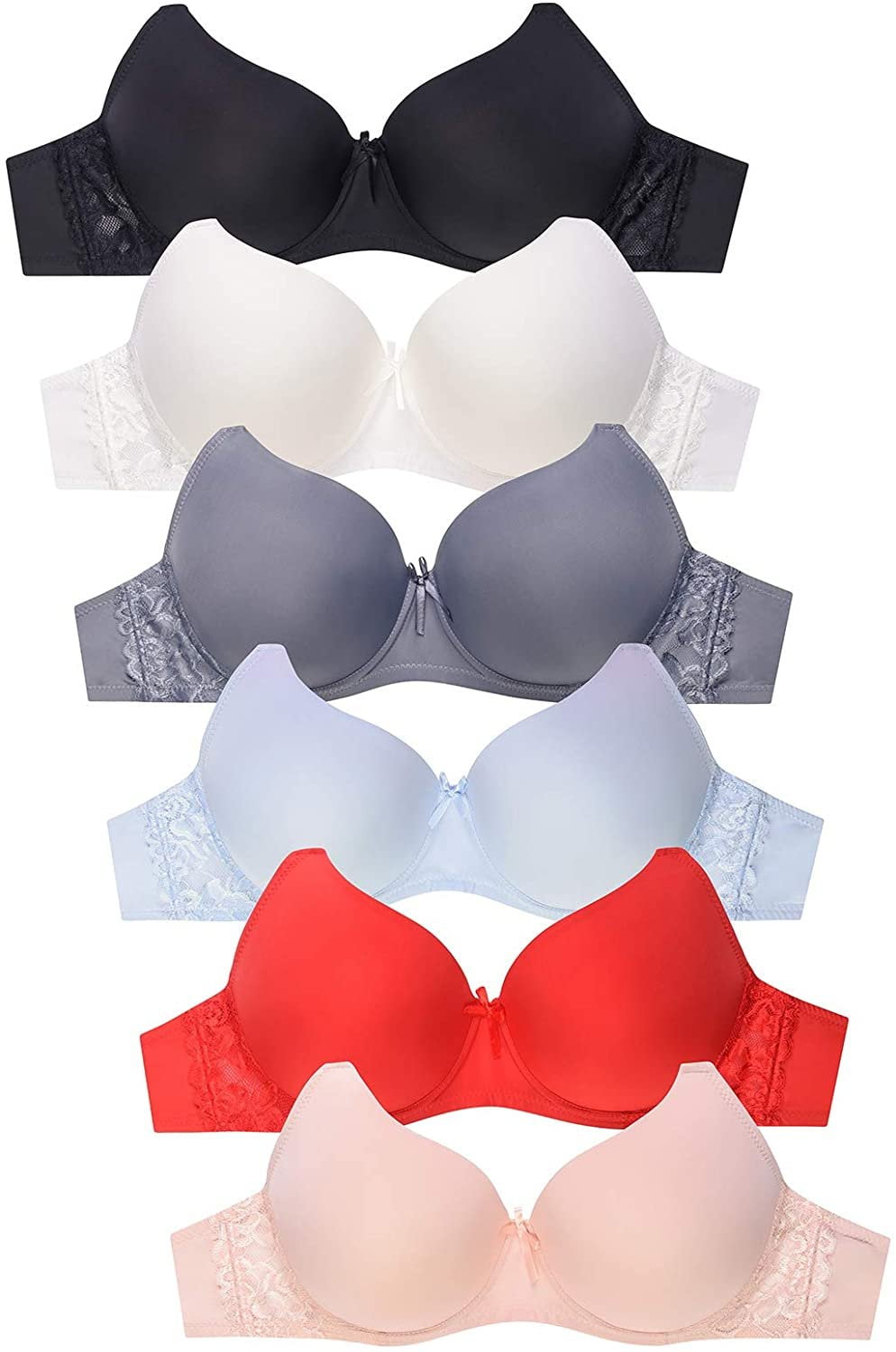 6 pcs Women's Wired Basic Regular Padding Everyday Bras B/C Cup (38C ...