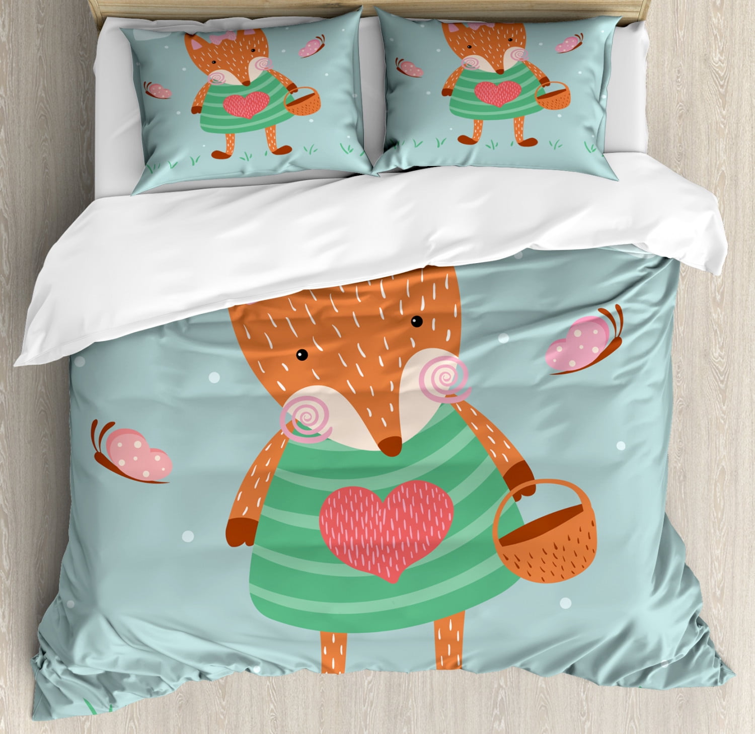 Fox Duvet Cover Set Queen Size, Nursery Themed Illustration of Animal ...