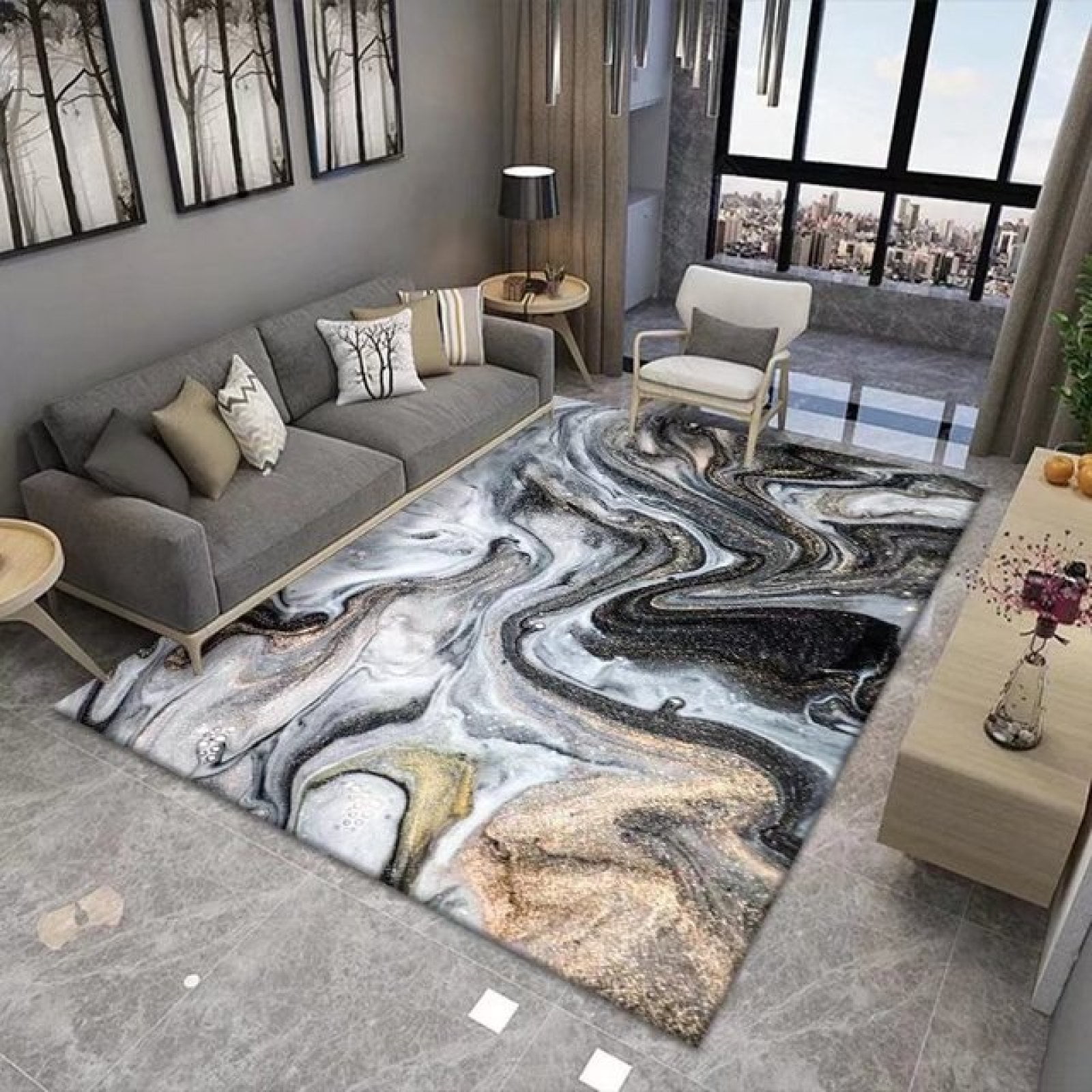 Grey Gold Marble Area Rug For Bedroom Living Room Abstract Carpets Non ...