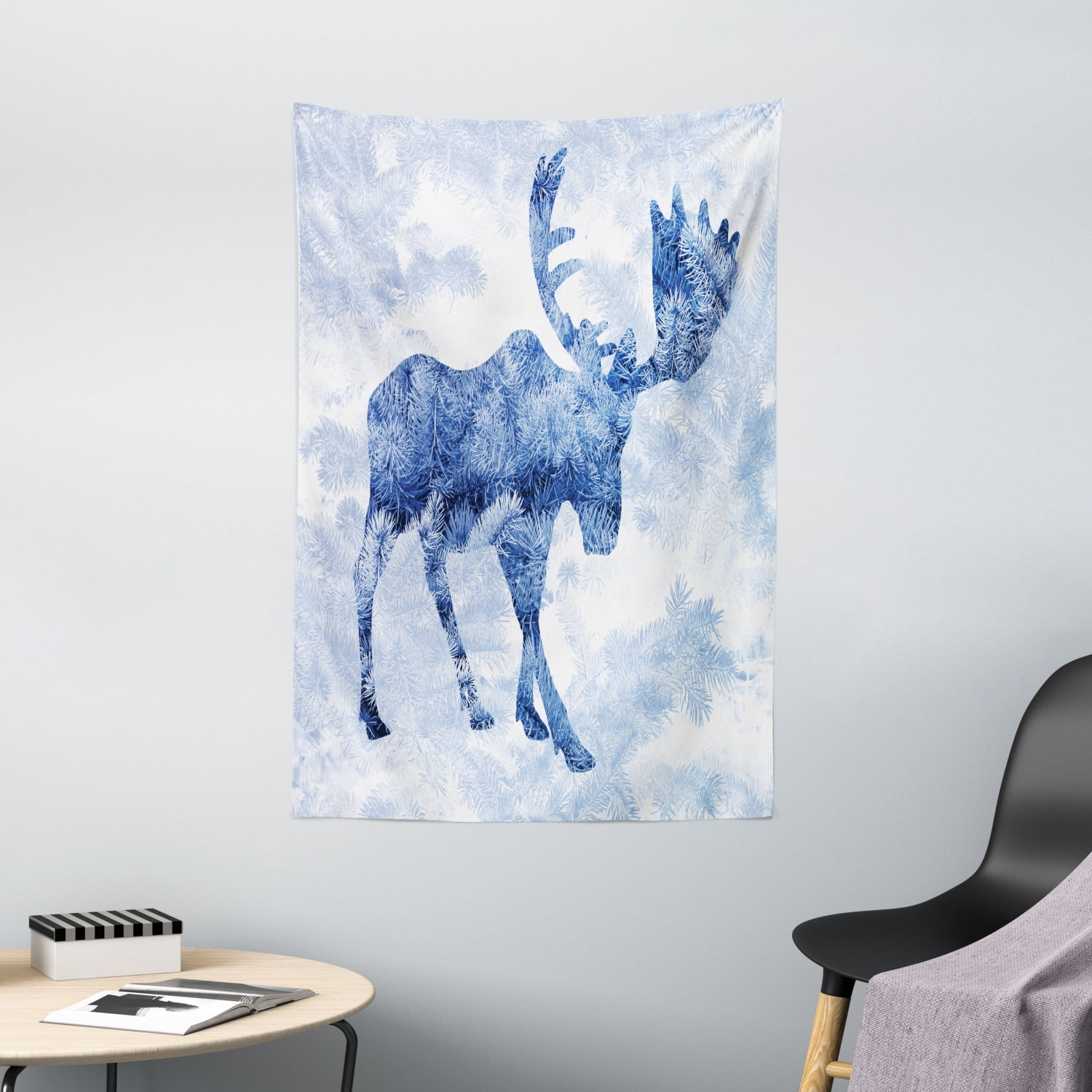 Moose Tapestry, Blue Pattern Pine Needles Spruce Tree with Antlers Deer ...