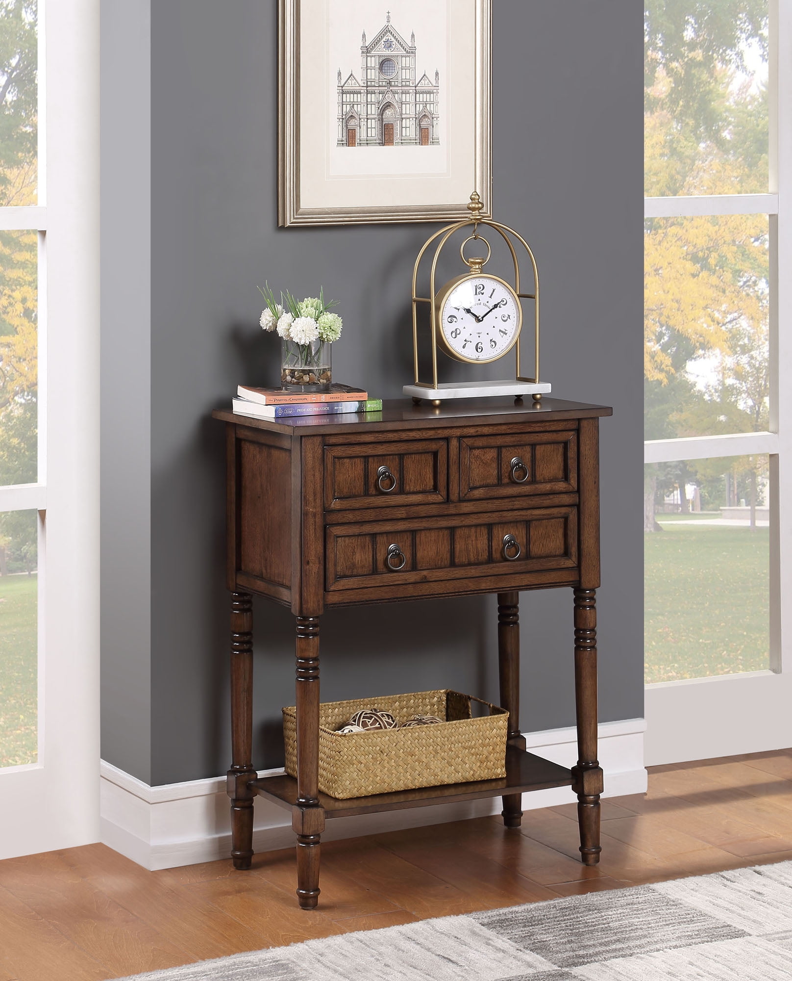 Convenience Concepts Kendra 3 Drawer Hall Table with Shelf, Dark Oak ...
