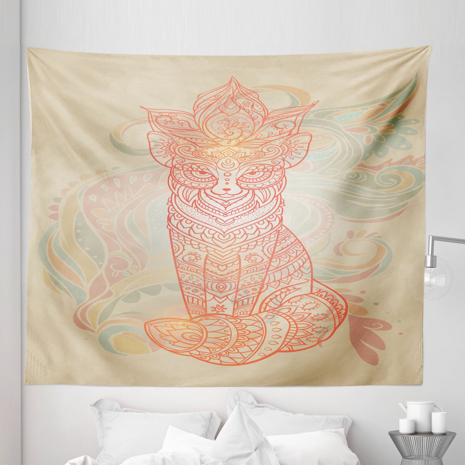 Bohemian Tapestry, Burnt Orange Zentangle Line Art Ethnic Ornament Fox ...