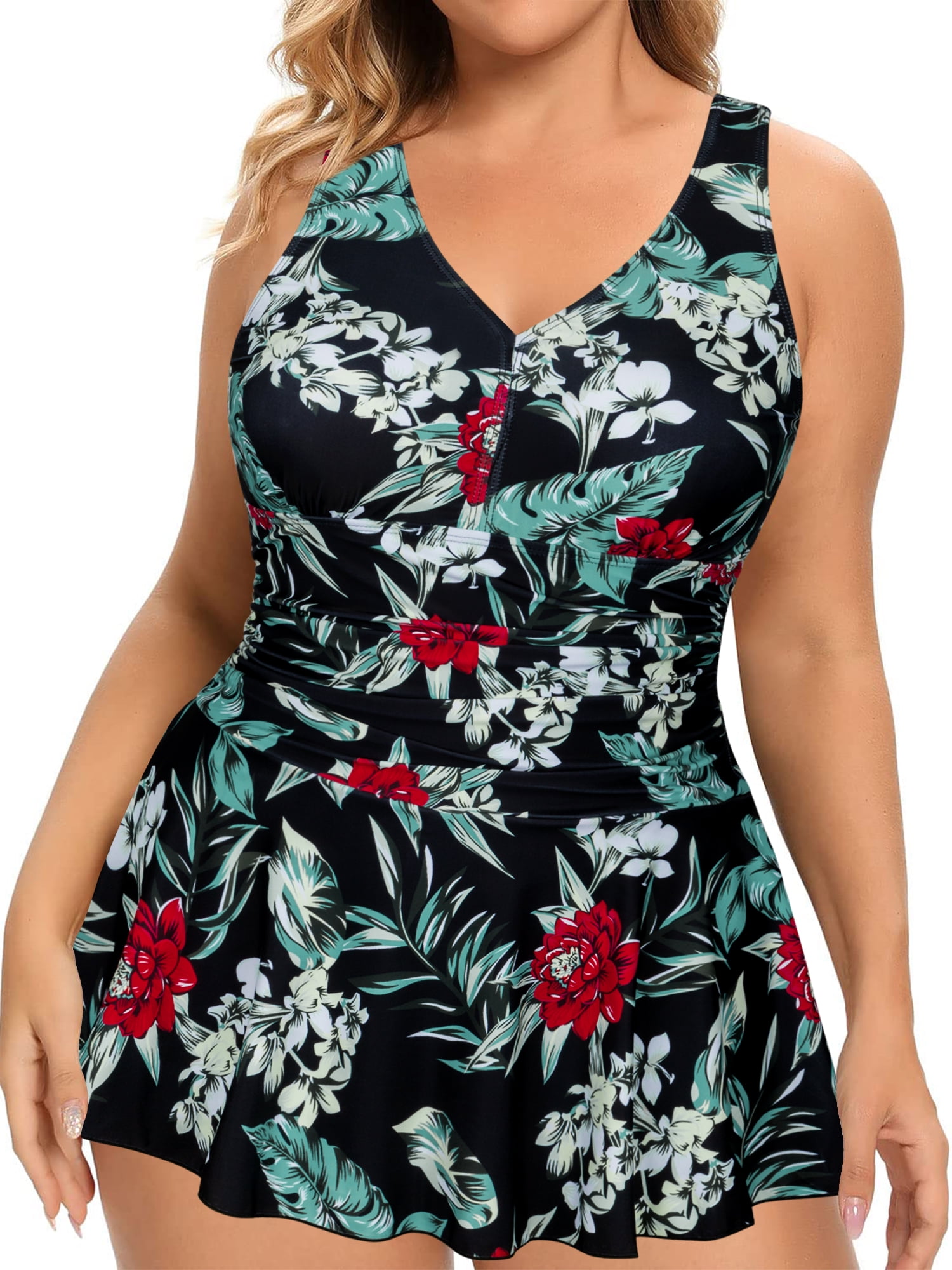 Plus Size Floral Swim Dress Tummy Control One Piece Swimming Suits For